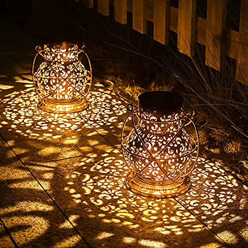 Solar Lanterns Outdoor Waterproof IP65, JOYCREATOR Metal Solar Hanging Lanterns Outdoor with Handle for Outside Decorations, LED Solar Lights Outdoor Garden Patio Porch Decor(2 Pack)