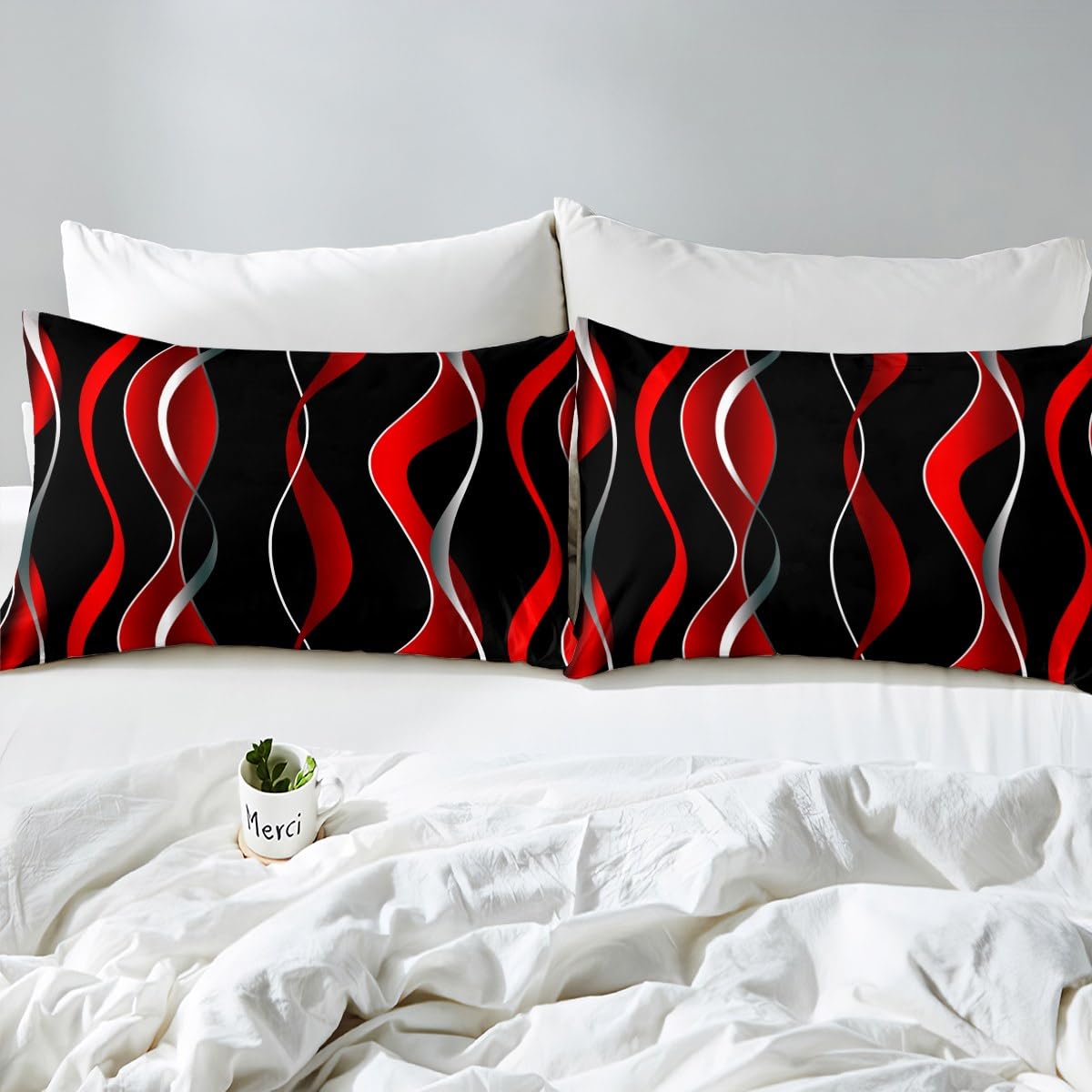 Red Grey and Black Stripe Sheets with Deep Pocket Fitted Sheet Full Size, Retro Stripe Swirl Bed Sheets Set Geometric Pastel Gradient Stripes Sheet Set for Toddler Geometry Swirl Lines Bedding Set
