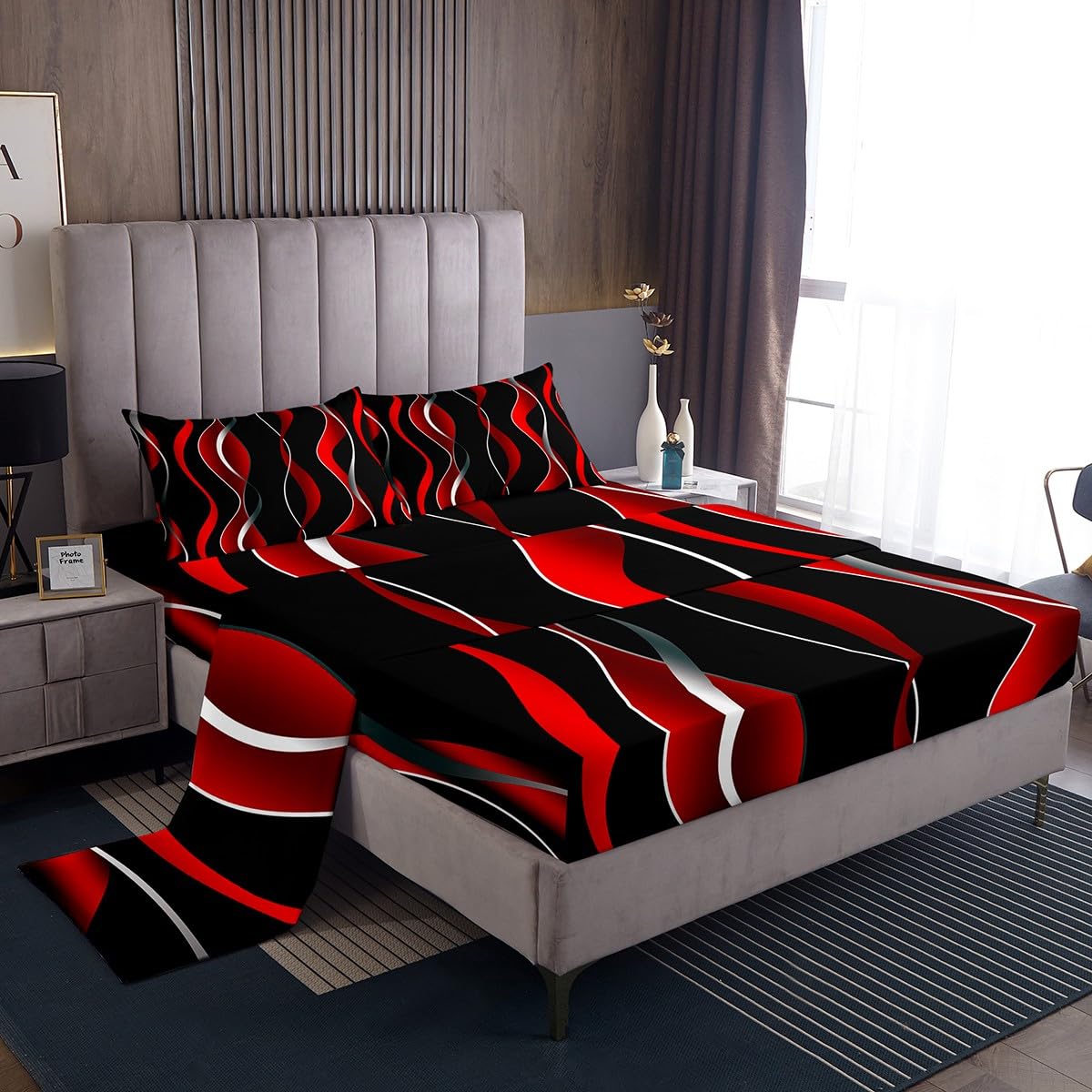 Red Grey and Black Stripe Sheets with Deep Pocket Fitted Sheet Full Size, Retro Stripe Swirl Bed Sheets Set Geometric Pastel Gradient Stripes Sheet Set for Toddler Geometry Swirl Lines Bedding Set
