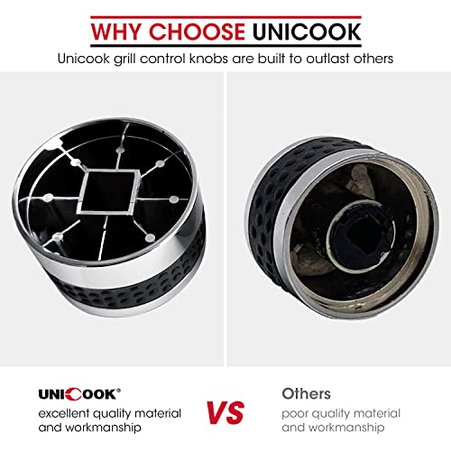 Unicook Grill Control Knob, 4 Pack Gas Burner Replacement Knobs, Chrome Plated Plastic with Nonslip Grip, Fits BBQ Gas Grills with D Shaped Valve Stem, Including 4 Knobs and 12 Adaptors