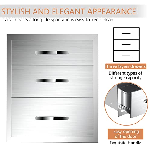KODOM Outdoor Kitchen Drawers Stainless Steel,20W x 27H x 23D Inch Flush Mount Triple Drawers,BBQ Drawers for Outdoor Kitchens or BBQ Island