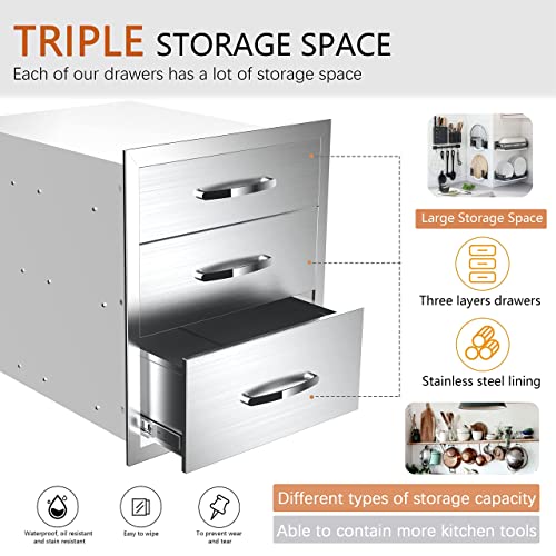 KODOM Outdoor Kitchen Drawers Stainless Steel,20W x 27H x 23D Inch Flush Mount Triple Drawers,BBQ Drawers for Outdoor Kitchens or BBQ Island