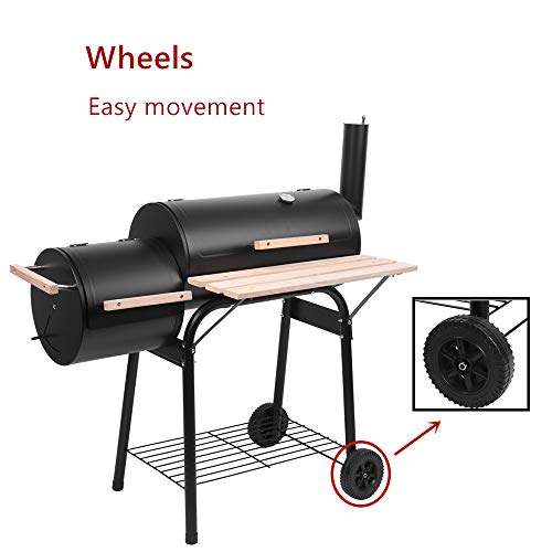 44 Inch Charcoal Grill and Offset Smoker, Portable Backyard Steel BBQ Oven with Wheels, Outdoor Patio Barbecue Cooker with Side Fire Box for Camping, Picnic, Party