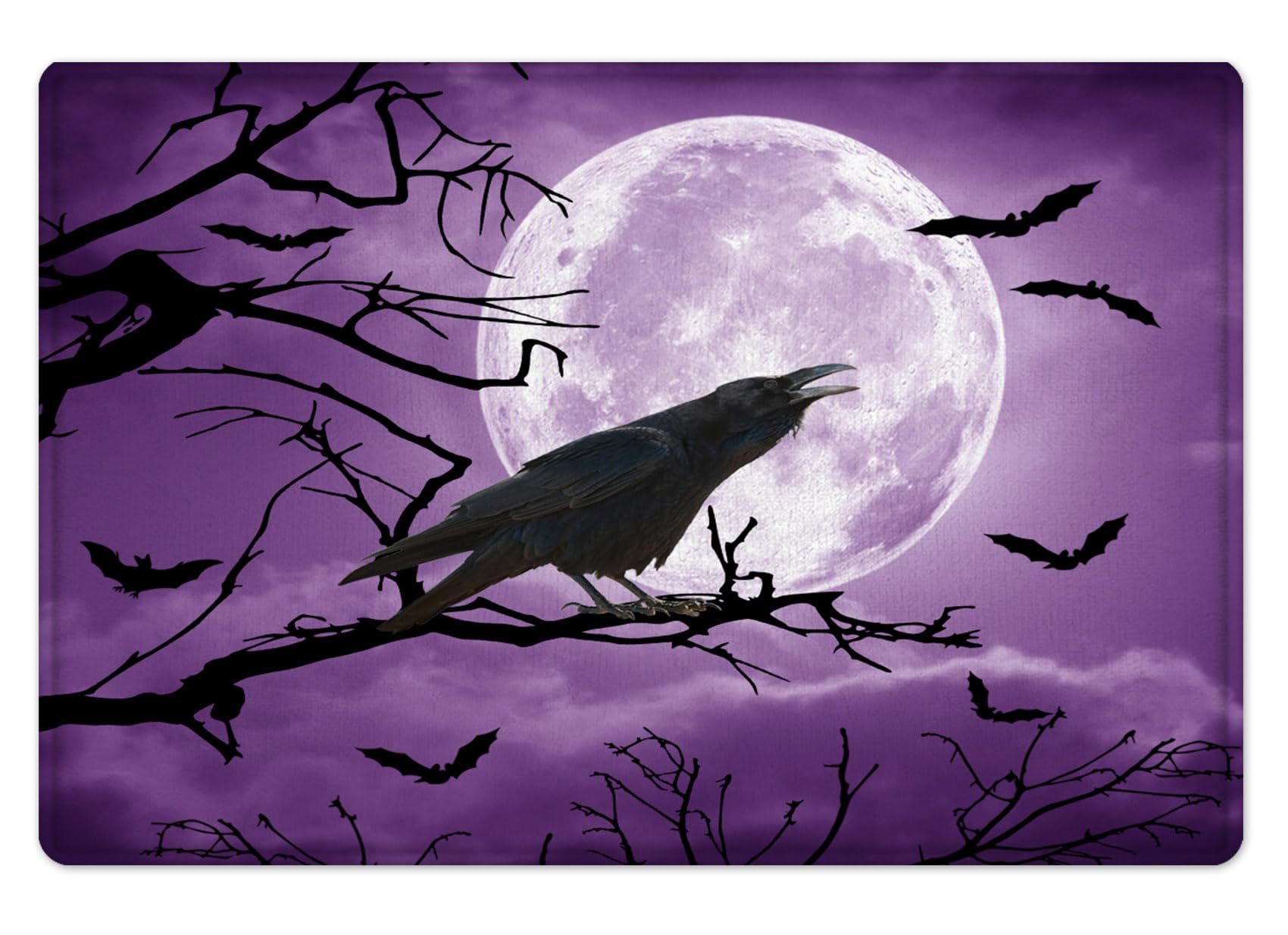 LB Halloween Crow Bath Mat Black Bat in Purple Full Moon Night Area Rug for Bathroom Horror Crow on Dead Tree Doormat Non Slip Memory Foam Super Absorbent Floor Mats,24x16 Inch