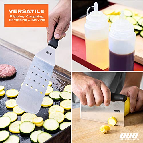 OUII Flat Top Griddle Accessories Set for Blackstone and Camp Chef Griddle - 9 Pieces Set with Griddle Cleaning Kit and Carry Bag! Metal Spatula, Scraper for Hibachi Grill and Teppanyaki Grill