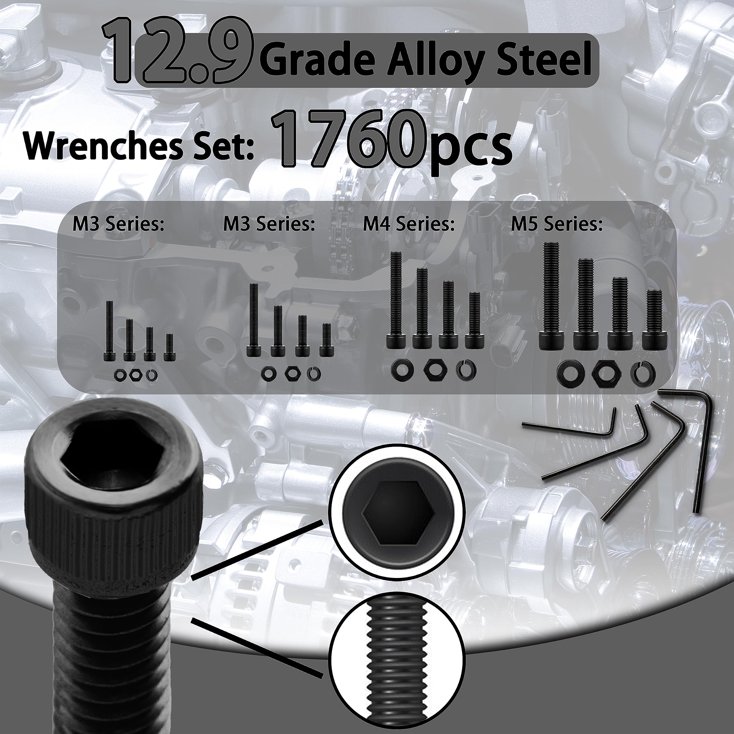 1760PCS Metric Screw Assortment M2 M3 M4 M5, Grade 12.9 Alloy Steel Hex Socket Head Cap Metric Bolts and Nuts Assortment Kit, Metric Screw Nuts and Bolts Flat&Lock Washers Set, 4 Hex Wrenches Included