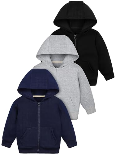 Cooraby 3 Pack Toddler Boys Fleece Full Zip Hoodies Long Sleeve Zip Up Hoodie Sweatshirt with Pocket Lightweight Jacket for Toddlers