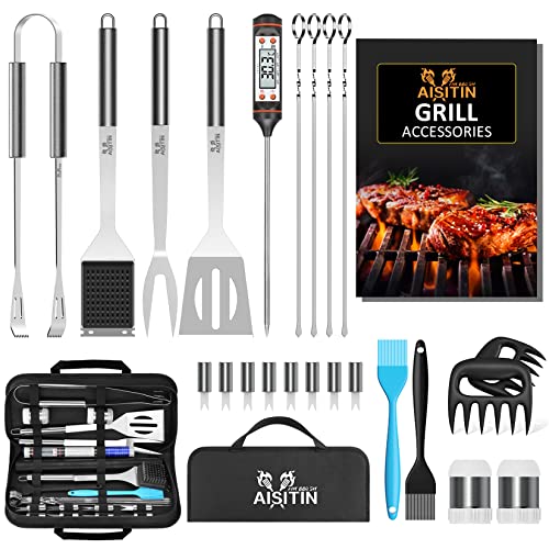 AISITIN Grill Accessories 25PCS BBQ Tools Set Stainless Steel Grilling Kit with Thermometer, Fork, Tongs and Spatula, Grill Mat - Gifts for Dad Durable, Stainless Steel Grill Tools