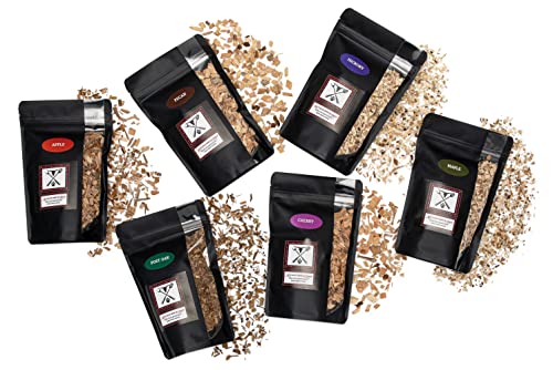 Jax Smok'in Tinder Fine BBQ Smoker Wood Chips - Sampler Pack for Electric Smokers, Indoor Stove Top Smoker, 6 Packs of Scented Chips, BBQ Accessories (Apple, Post Oak, Pecan, Hickory, Cherry, Maple)