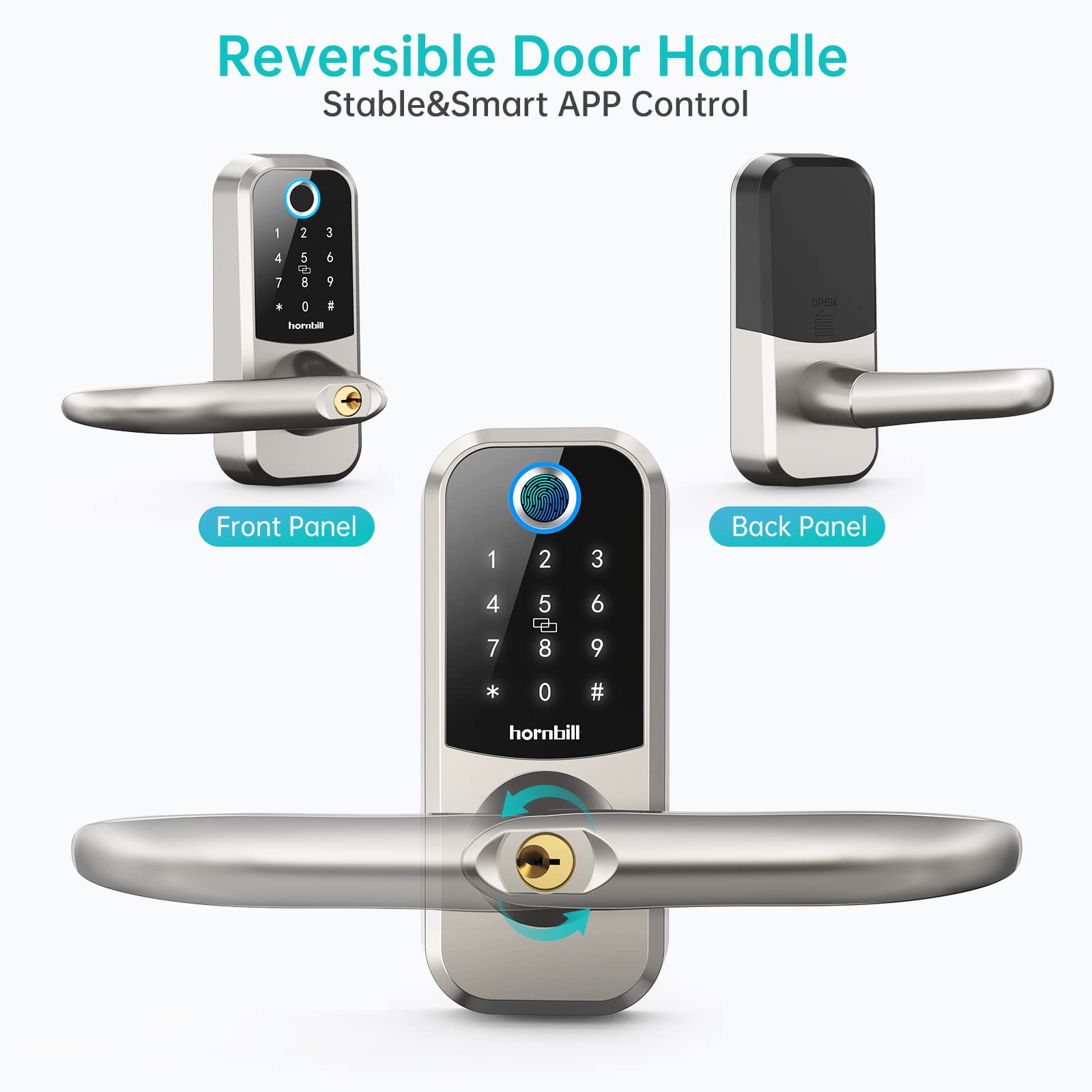 Fingerprint Smart Door Lock with Handle - Hornbill Keyless Entry Door Lock with Lever - Smart Electronic Digital Front Door Keypad - Auto Lock Code App Fob Alexa for Apartment Office - Silver