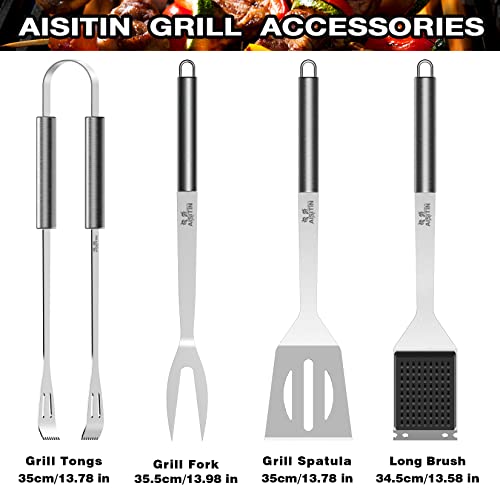 AISITIN Grill Accessories 25PCS BBQ Tools Set Stainless Steel Grilling Kit with Thermometer, Fork, Tongs and Spatula, Grill Mat - Gifts for Dad Durable, Stainless Steel Grill Tools