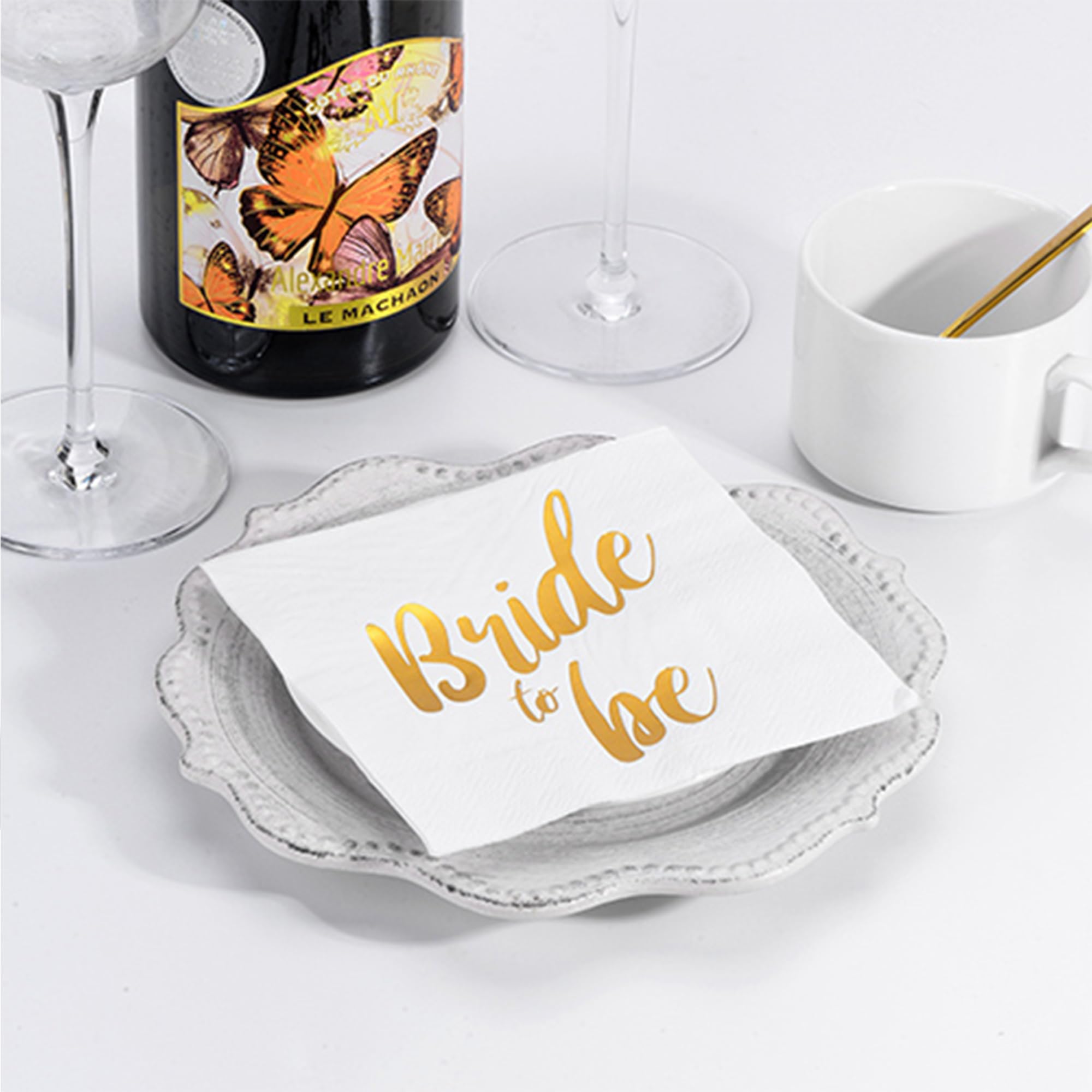 Wedding Napkins- KRGMNHR 50 Pcs Disposable Paper Cocktail Napkins with Gold Foil "Bride to be" for Wedding Shower Engagement Party Decorations, Wedding Cake Table Decor Supplies, Folded 5"x5", 3-Ply