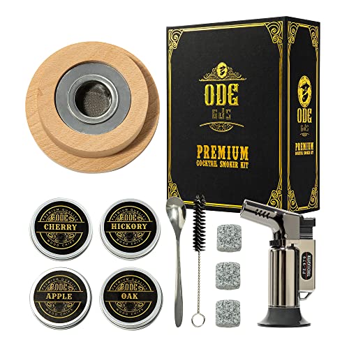 OdeGjs Premium Cocktail Smoker Kit - Includes 4 Wood Chips for Bourbon and Whiskey plus Drink Smoker Accessories Unique Gifts for Men and Women on all Occasions Including Torch No Butane