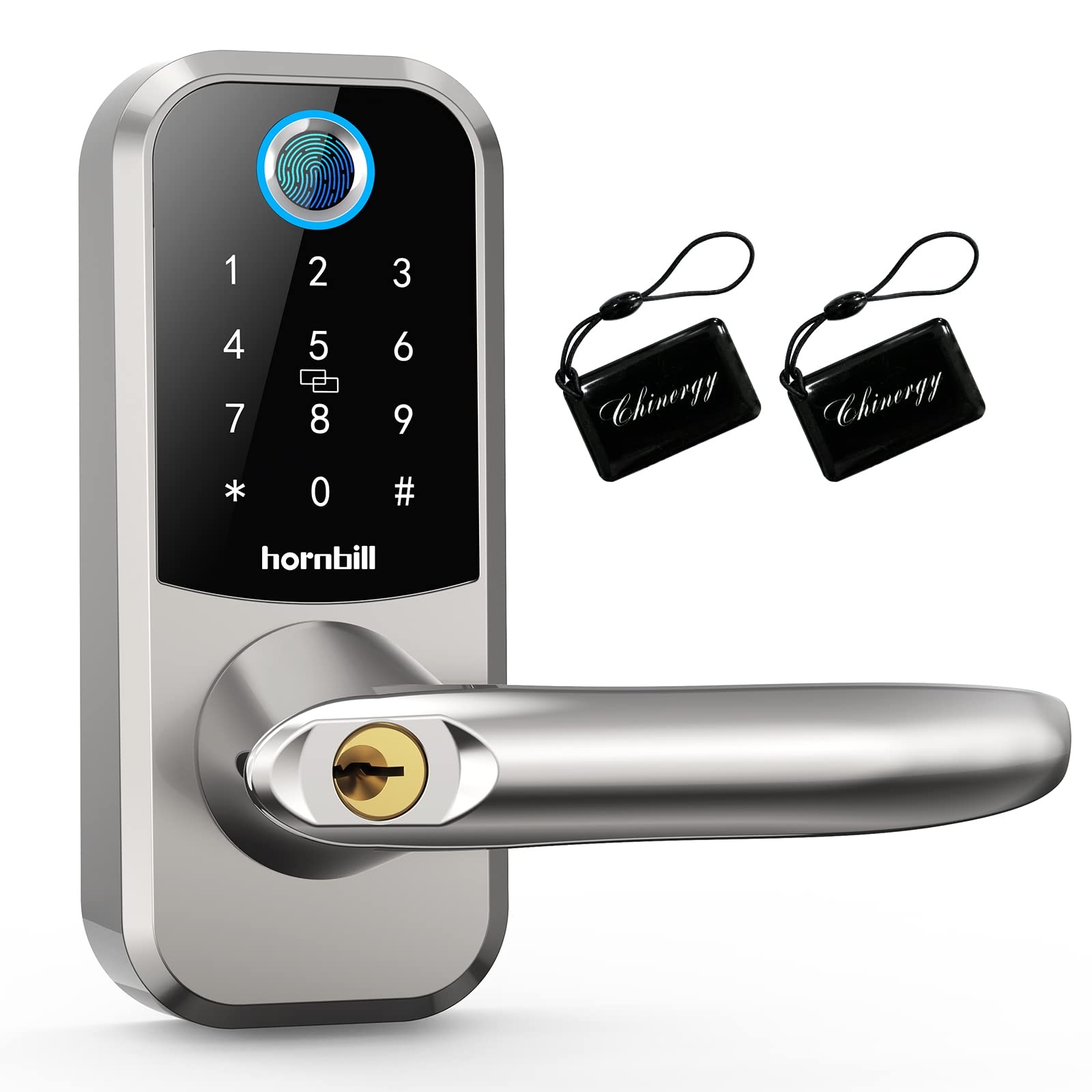 Fingerprint Smart Door Lock with Handle - Hornbill Keyless Entry Door Lock with Lever - Smart Electronic Digital Front Door Keypad - Auto Lock Code App Fob Alexa for Apartment Office - Silver