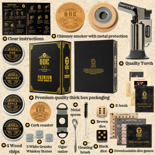 OdeGjs Premium Cocktail Smoker Kit - Includes 4 Wood Chips for Bourbon and Whiskey plus Drink Smoker Accessories Unique Gifts for Men and Women on all Occasions Including Torch No Butane