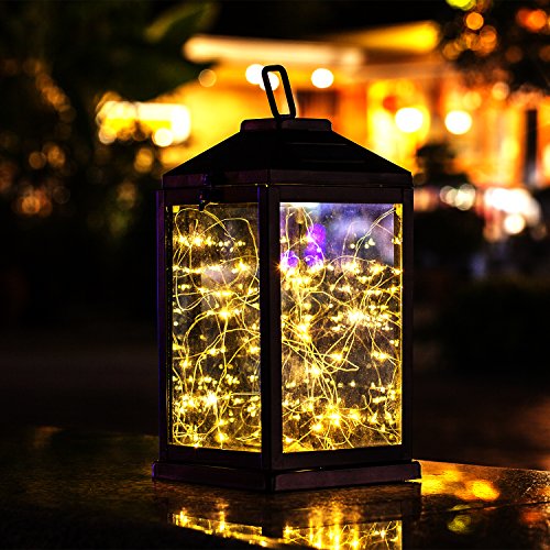 Solar Lantern Lights Metal Sunwind with 30 Warm White LEDs Fairy String Lights Outdoor Decorative Table Lamp (Black-11.4"H)