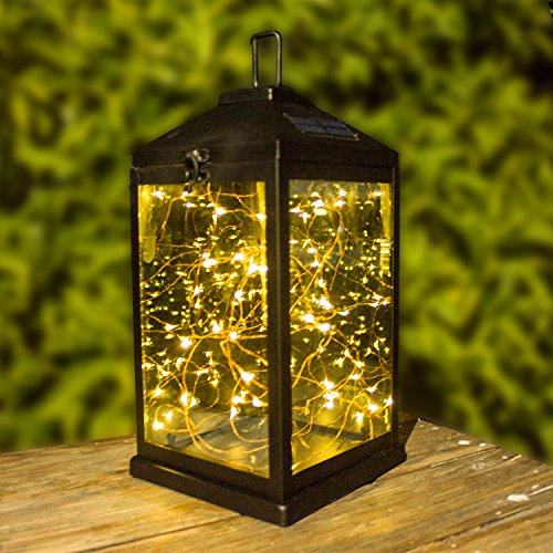 Solar Lantern Lights Metal Sunwind with 30 Warm White LEDs Fairy String Lights Outdoor Decorative Table Lamp (Black-11.4"H)