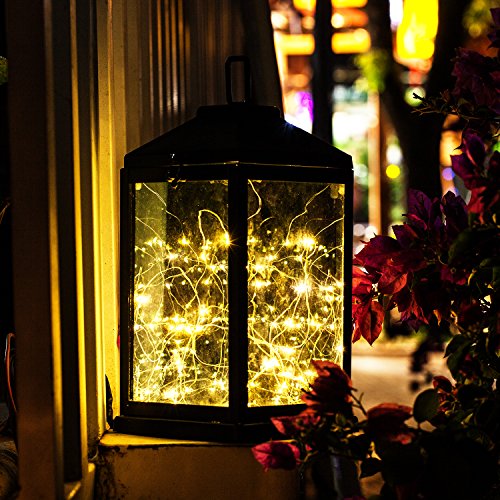 Solar Lantern Lights Metal Sunwind with 30 Warm White LEDs Fairy String Lights Outdoor Decorative Table Lamp (Black-11.4"H)