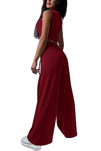 PRETTYGARDEN Womens 2024 Fall Track Suits 3 Piece Outfits Matching Sets Ribbed Knit Cardigan Cropped Tank Tops Wide Leg Pants (Wine Red,Medium)