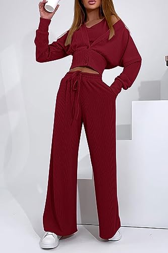 PRETTYGARDEN Womens 2024 Fall Track Suits 3 Piece Outfits Matching Sets Ribbed Knit Cardigan Cropped Tank Tops Wide Leg Pants (Wine Red,Medium)