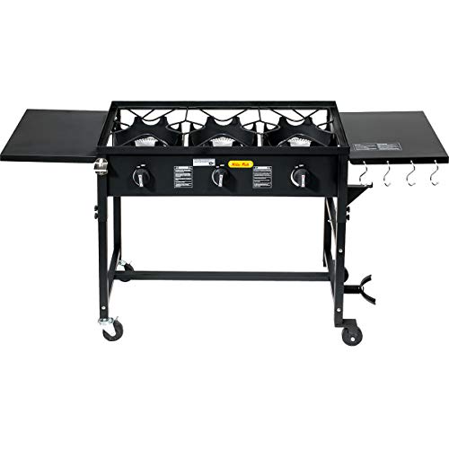 Barton Portable Propane 87,000-BTU Triple-Burner Outdoor Camp Stove Side Table Patio Cooking Wheel w/Regulator 4 Hook Utensil Holder