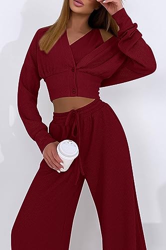 PRETTYGARDEN Womens 2024 Fall Track Suits 3 Piece Outfits Matching Sets Ribbed Knit Cardigan Cropped Tank Tops Wide Leg Pants (Wine Red,Medium)