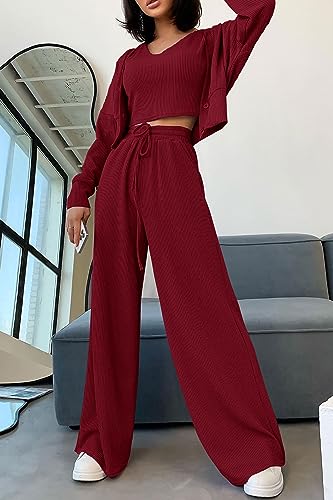 PRETTYGARDEN Womens 2024 Fall Track Suits 3 Piece Outfits Matching Sets Ribbed Knit Cardigan Cropped Tank Tops Wide Leg Pants (Wine Red,Medium)