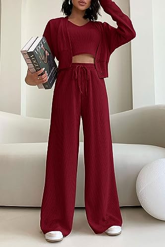 PRETTYGARDEN Womens 2024 Fall Track Suits 3 Piece Outfits Matching Sets Ribbed Knit Cardigan Cropped Tank Tops Wide Leg Pants (Wine Red,Medium)