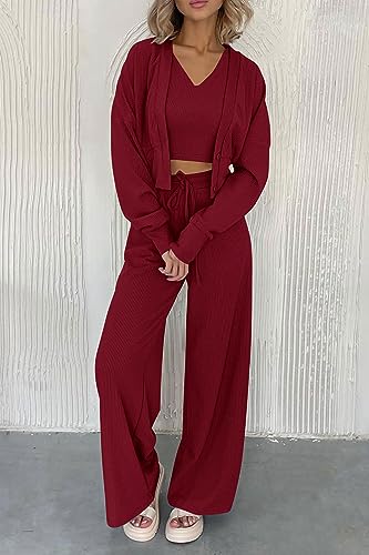 PRETTYGARDEN Womens 2024 Fall Track Suits 3 Piece Outfits Matching Sets Ribbed Knit Cardigan Cropped Tank Tops Wide Leg Pants (Wine Red,Medium)