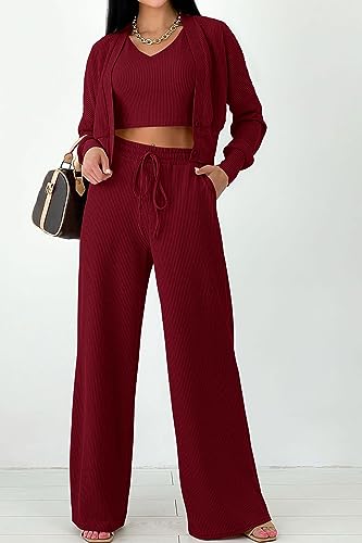 PRETTYGARDEN Womens 2024 Fall Track Suits 3 Piece Outfits Matching Sets Ribbed Knit Cardigan Cropped Tank Tops Wide Leg Pants (Wine Red,Medium)