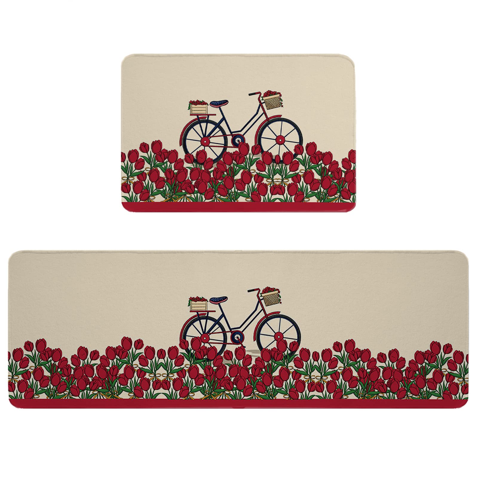 Libaoge Full of Love Bicycles and Red Rose Flower Floral Kitchen Mat Rug Set of 2 Runner Rug Anti-Fatigue Comfort Memory Foam Standing Mat Non-Slip Floor Door Mat for Bathroom Bedroom 18x30in+18x60in