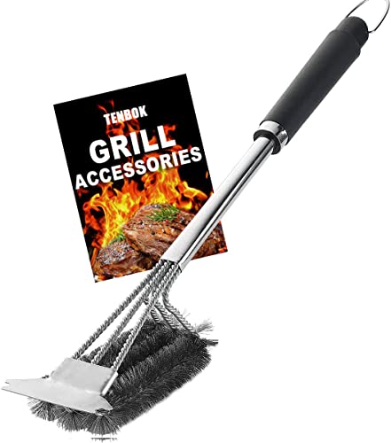 TENBOK Grill Cleaning Brush & Scraper, BBQ Brush for Gril, 3 in 1 Safe Stainless Steel Bristles Woven Wire Long Handle Cleaner, for Charcoal, Porcelai
