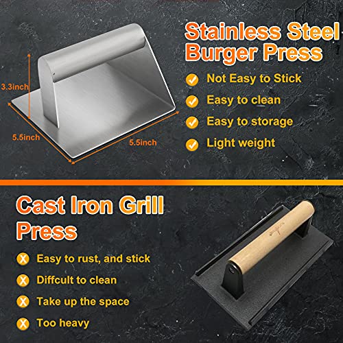 lsshao Pro Grade Burger Press Steak Weight with 304 Stainless Steel,Heavy Duty 5.5” Grill Press for Grills, Griddles and Flattops Perfect for Bacon, Paninis, Sandwiches and Vegetables,Dishwasher1