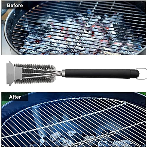 TENBOK Grill Cleaning Brush & Scraper, BBQ Brush for Gril, 3 in 1 Safe Stainless Steel Bristles Woven Wire Long Handle Cleaner, for Charcoal, Porcelai