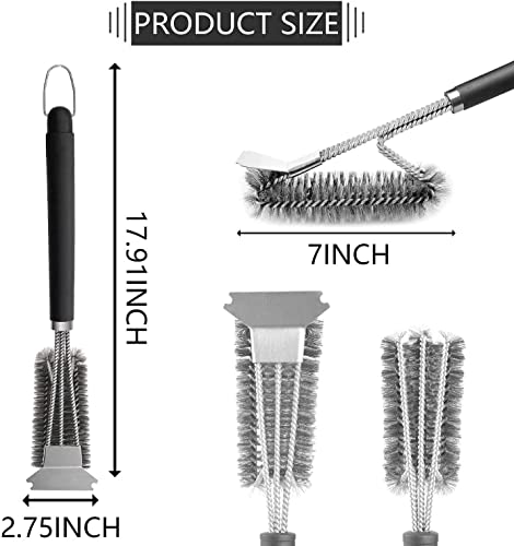 TENBOK Grill Cleaning Brush & Scraper, BBQ Brush for Gril, 3 in 1 Safe Stainless Steel Bristles Woven Wire Long Handle Cleaner, for Charcoal, Porcelai