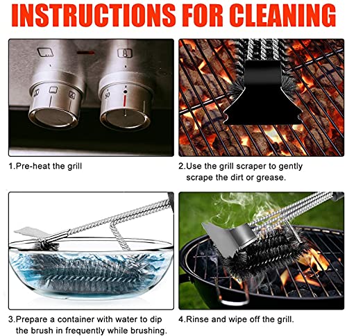 TENBOK Grill Cleaning Brush & Scraper, BBQ Brush for Gril, 3 in 1 Safe Stainless Steel Bristles Woven Wire Long Handle Cleaner, for Charcoal, Porcelai
