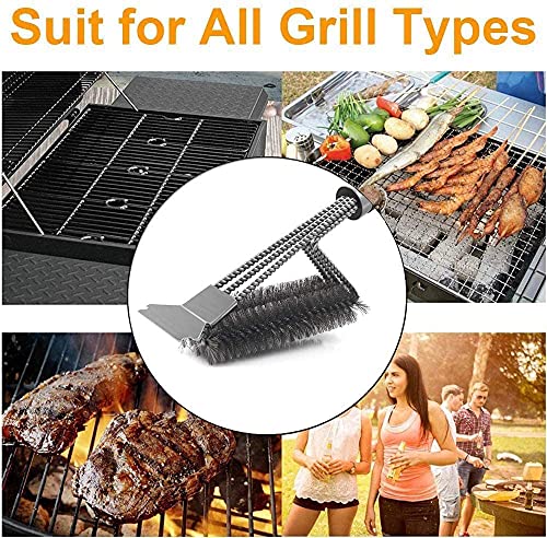 TENBOK Grill Cleaning Brush & Scraper, BBQ Brush for Gril, 3 in 1 Safe Stainless Steel Bristles Woven Wire Long Handle Cleaner, for Charcoal, Porcelai