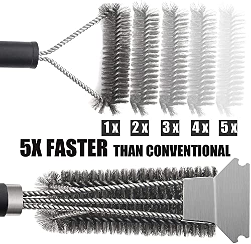 TENBOK Grill Cleaning Brush & Scraper, BBQ Brush for Gril, 3 in 1 Safe Stainless Steel Bristles Woven Wire Long Handle Cleaner, for Charcoal, Porcelai