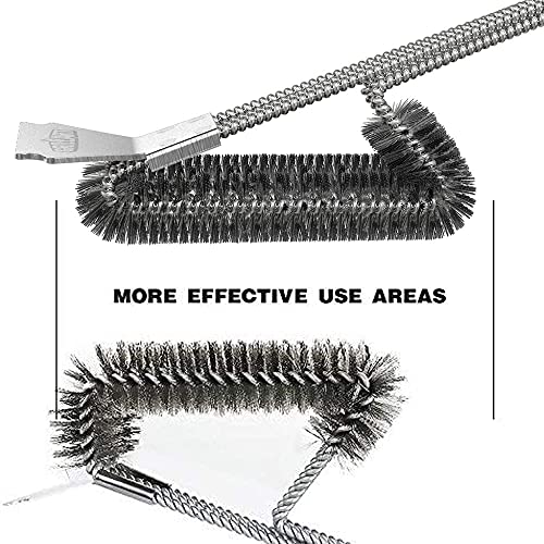 TENBOK Grill Cleaning Brush & Scraper, BBQ Brush for Gril, 3 in 1 Safe Stainless Steel Bristles Woven Wire Long Handle Cleaner, for Charcoal, Porcelai