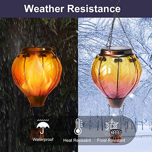 pearlstar Hot Air Balloon Solar Lantern with Flickering Flame Light, Outdoor Solar Hanging Lights Waterproof for Garden Yard Patio Farmhouse Decoration, Stained Glass Gradient Orange