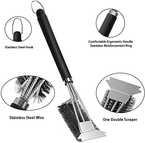 TENBOK Grill Cleaning Brush & Scraper, BBQ Brush for Gril, 3 in 1 Safe Stainless Steel Bristles Woven Wire Long Handle Cleaner, for Charcoal, Porcelai
