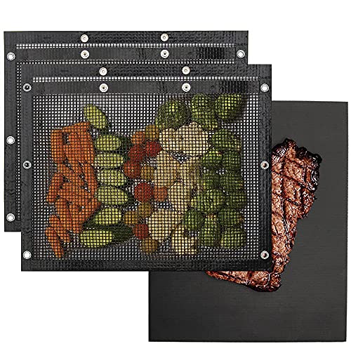Extra Large BBQ Grill Mesh Bags pouches Set of 2 (14X11.5in) with Barbecue Grill Mat (14X11.5in) Reusable Non-Sticky Dishwasher Safe Heat-Resistant 500F for Gas Charcoal Electric Grill mess free use