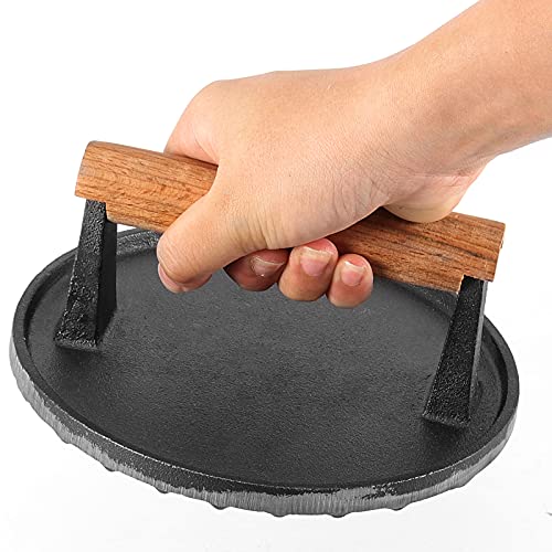 HOIGON 2 PCS 7 Inch Round Heavy Duty Cast Iron Grill Press, Steak Weight Bacon Barbecue Presses with Solid Wood Handle for Burgers, Bread, Pushing Down On Steaks