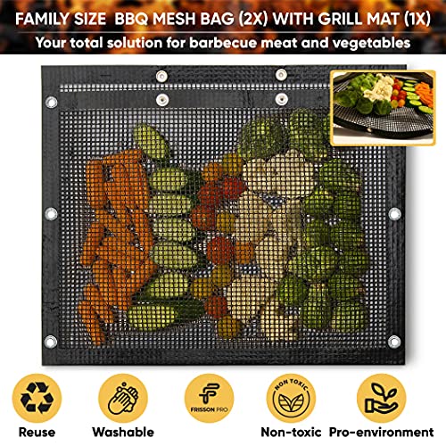 Extra Large BBQ Grill Mesh Bags pouches Set of 2 (14X11.5in) with Barbecue Grill Mat (14X11.5in) Reusable Non-Sticky Dishwasher Safe Heat-Resistant 500F for Gas Charcoal Electric Grill mess free use