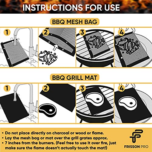 Extra Large BBQ Grill Mesh Bags pouches Set of 2 (14X11.5in) with Barbecue Grill Mat (14X11.5in) Reusable Non-Sticky Dishwasher Safe Heat-Resistant 500F for Gas Charcoal Electric Grill mess free use