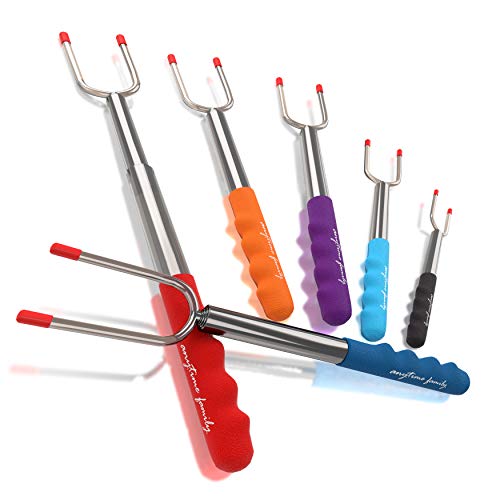 anytime family Extending Marshmallow Roasting Sticks 45" - 6 Premium Telescoping STAINLESS STEEL S’mores Skewers; Campfire, fire pit, camping. S'mores recipes eBook (Multicolor, 6 sticks)