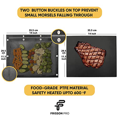 Extra Large BBQ Grill Mesh Bags pouches Set of 2 (14X11.5in) with Barbecue Grill Mat (14X11.5in) Reusable Non-Sticky Dishwasher Safe Heat-Resistant 500F for Gas Charcoal Electric Grill mess free use