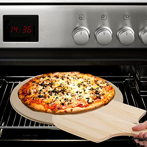 ZENFUN 15'' Round Pizza Stone with Wooden Pizza Paddle, Cordierite Pizza Stone Board for Grill, BBQ, Oven Safe, Baking, Pies, Pastry Bread, Calzone, Thermal Shock Resistant