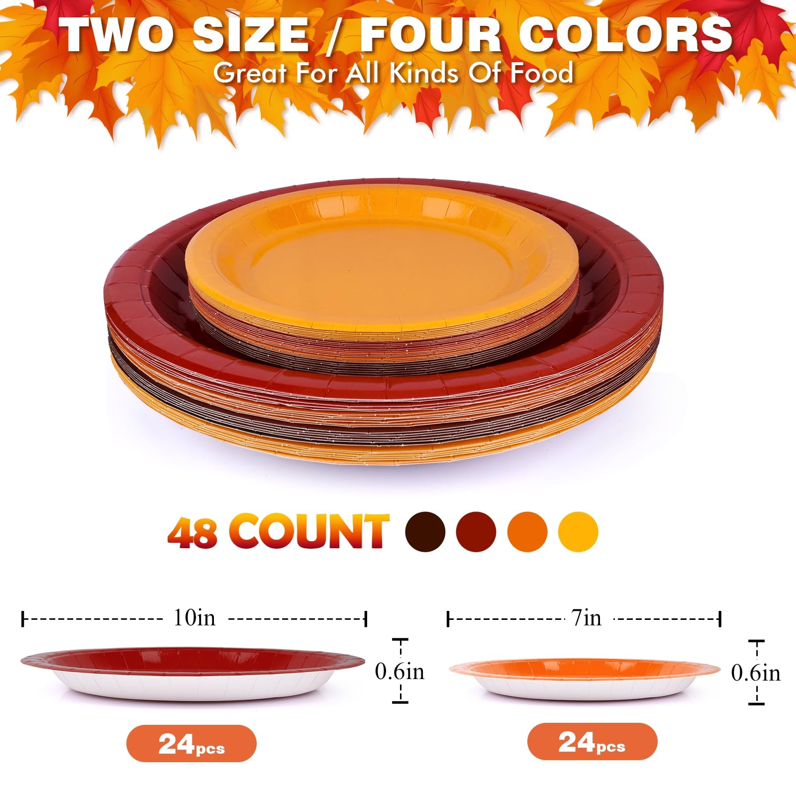 48PCS Thanksgiving Paper Plates Fall Disposable Dinner Plates Heavy Duty Kids Dinnerware Sturdy Appetizer Dessert Plates Give Thanks Autumn Harvest Party Supplies Round Multi-color Plates 10in&7in