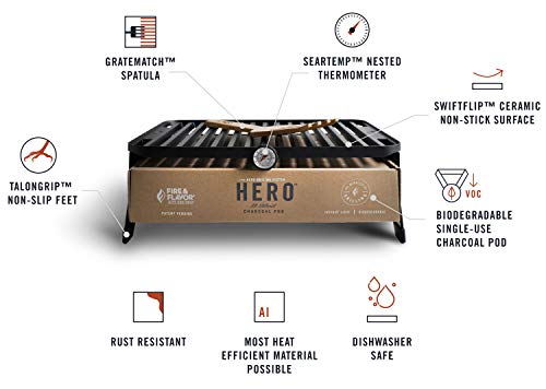 Fire & Flavor Hero Grill System - Ultra-Portable Grill for Camping, Tailgating, and BBQ on the Go - Tabletop Charcoal Grill Set Comes with Spatula, Thermometer, and Cutting Board